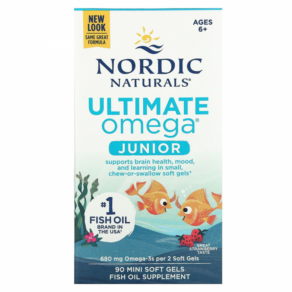 Nordic Naturals, Ultimate Omega® Junior, для детей от 6 лет, со вкусом клубники, 90 мини-капсул (340 мг в 1 капсуле)