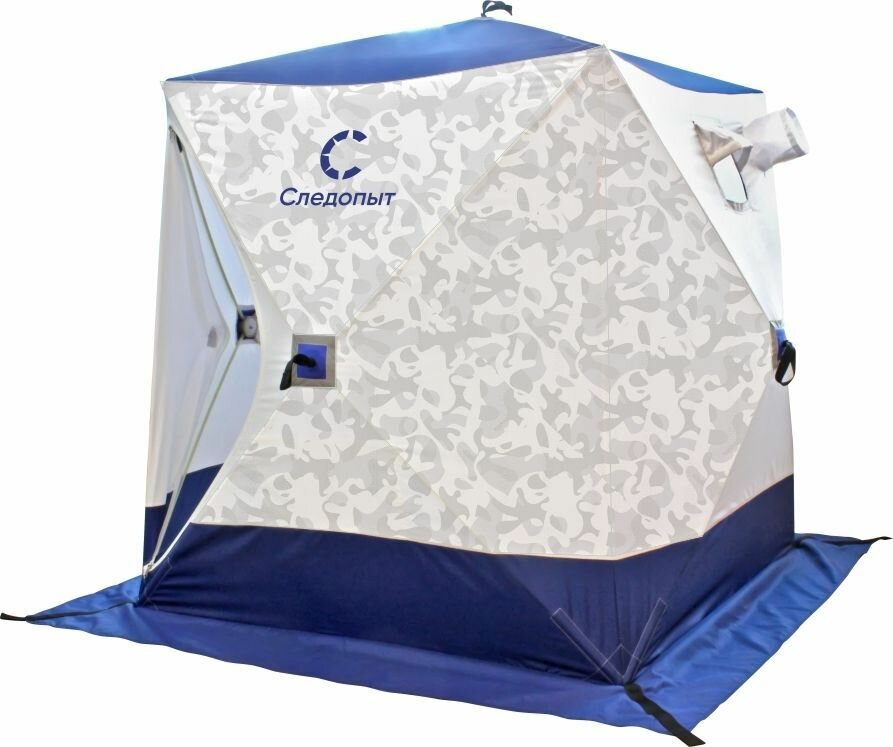Палатка зимняя куб следопыт 2,1 х2,1 м, Oxford 210D PU 1000, S по полу 4,4 кв. м, цв. синий/белый с принт, PF-TW-26
