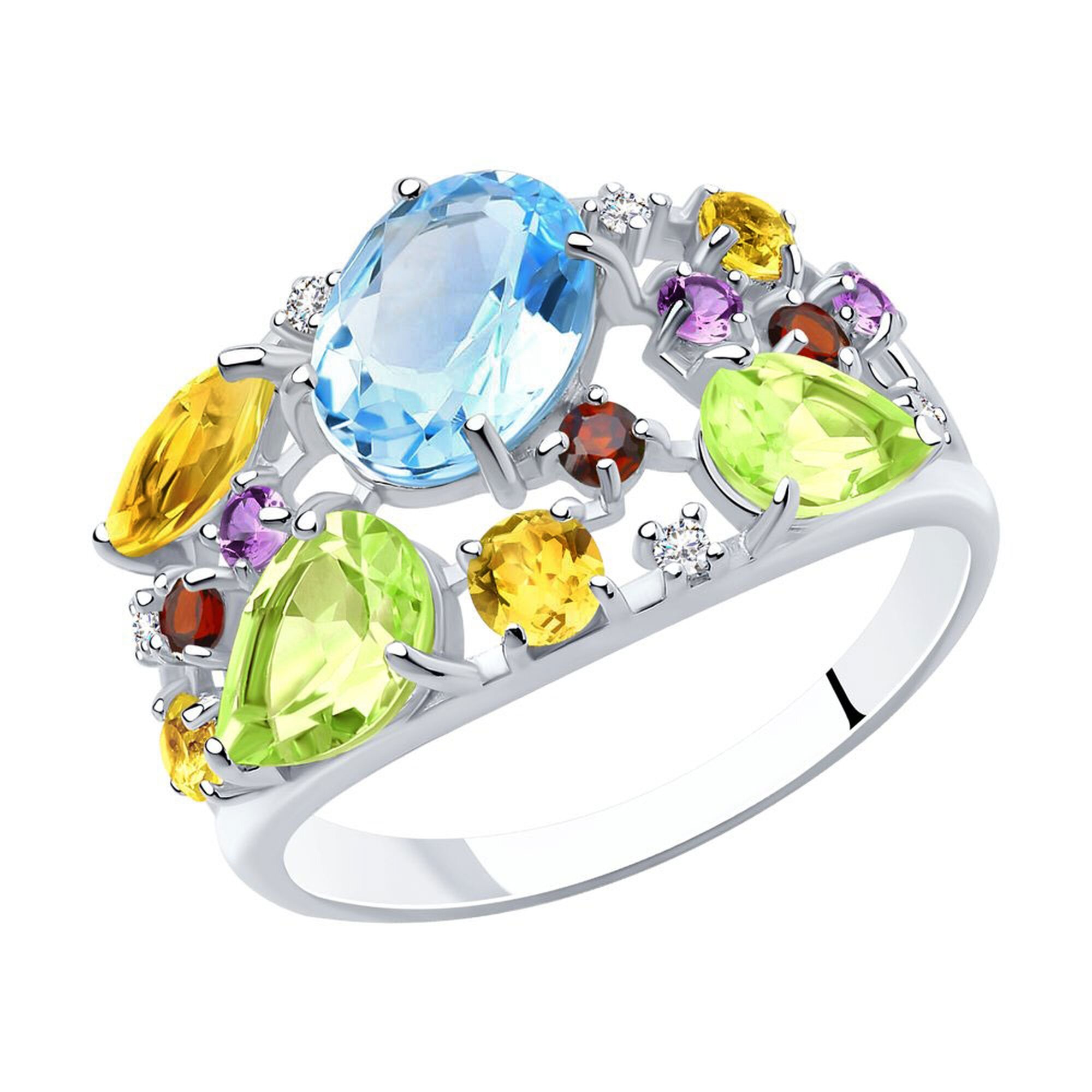 Кольцо, серебро, 925 проба, родирование, аметист, топаз, цитрин, гранат, хризолит, фианит