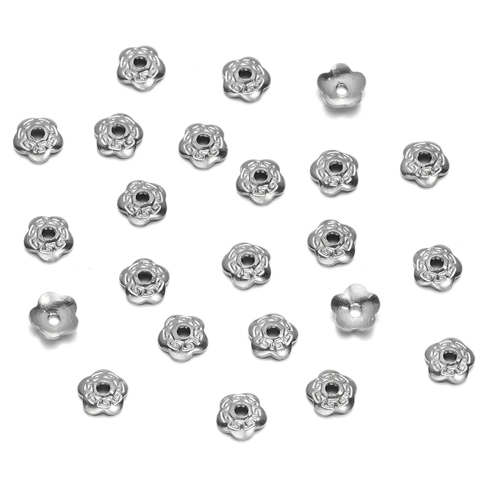 Круглые бусины St.kunkka из нержавеющей стали с цветом и листьями дерева Серебряный, 50pcs, 06