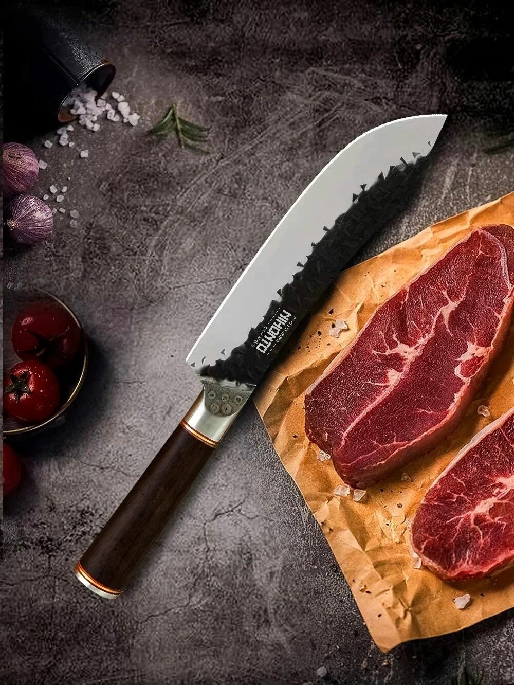 Универсальный кухонный нож Nihonto Butakiri, сталь, дерево, двусторонняя заточка, 16см