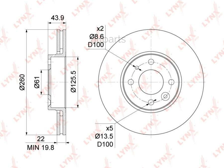 LYNXAUTO BN1062 Диск тормозной вентилируемый (260x22) | перед прав/лев | LADA LARGUS/VESTA/XRAY