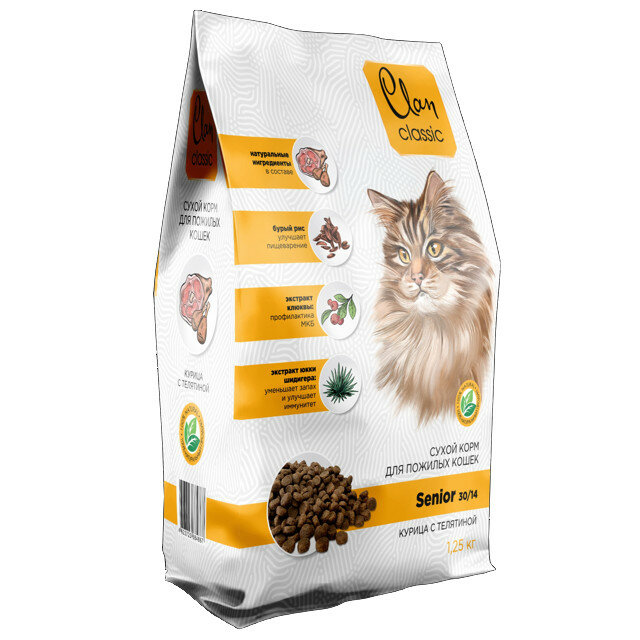 CLAN CLASSIC Senior - корм для пожилых кошек с курицей и телятиной, 1,25 кг без добавок