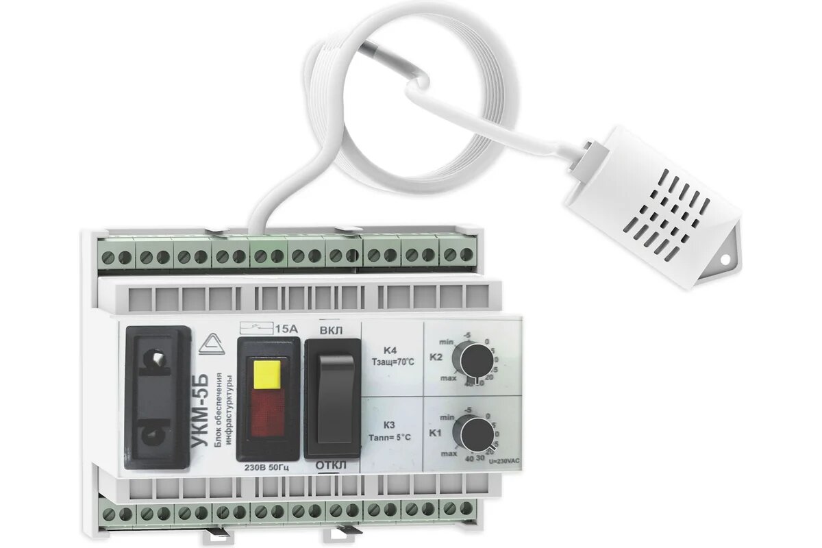 Амадон Электронный четырехканальный термостат с выносным датчиком, УЗИП питания, сервисная розетка, -35…+70 °С, +5 °С, +70 °С, 230 В. УКМ-5Б