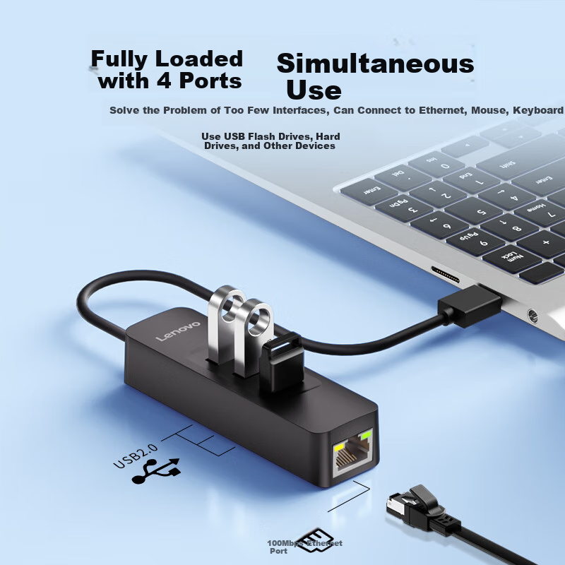 Lenovo USB to Ethernet Adapter Hub Docking Station RJ45 Wired Network Card Adapter Head for Laptop USB Expansion XiaoXin 4-in-1 Converter