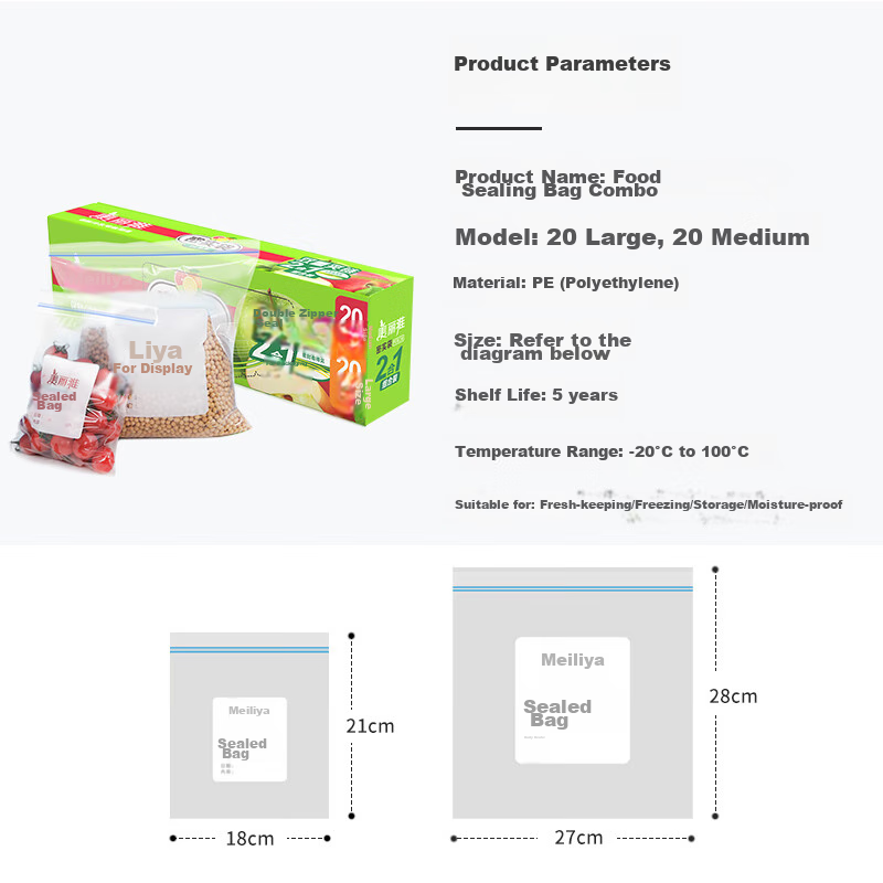 Meili Ya Food Storage Bags, Large And Medium Size Combination, 40 Pieces, Thickened Disposable Refrigerator Storage Bags, Transparent Self-Sealing Bags