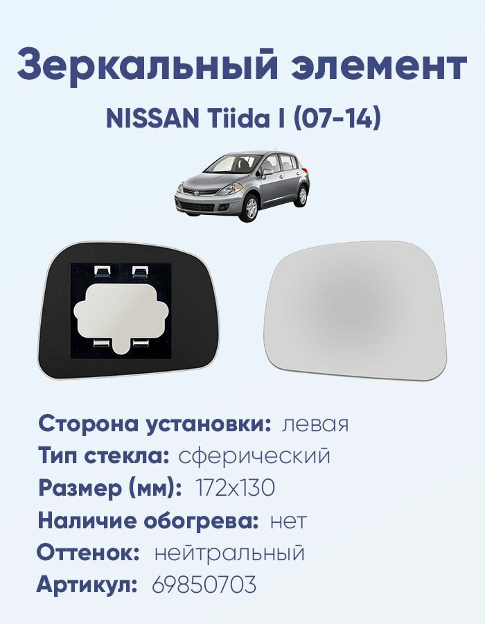 Зеркальный элемент левый NISSAN Tiida I (07-14) сфера нейтральный без обогрева