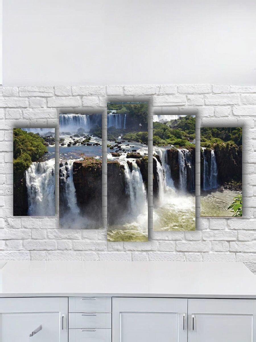 Modul007 Картина модульная на стену для интерьера 140х80 см из 5 модулей "Красивый водопад" декор для комнаты на подрамнике