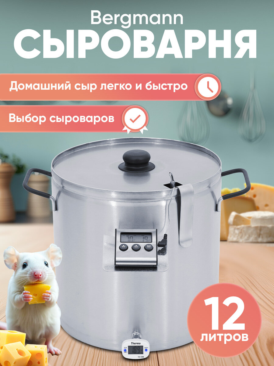 Домашняя сыроварня Helicon Bergmann, мини пастеризатор, сыроварня 2в1, нержавеющая сталь, 12 литров