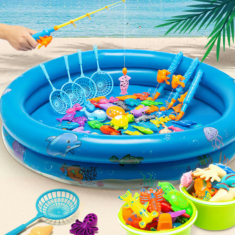 Dad Mom Fishing Toy, Fishing Pond with Magnetic, Can Be Filled with Water, Fishing Platform, Inflatable Bed, Storage Basket, Children's Toy, Fish Scooping Toy