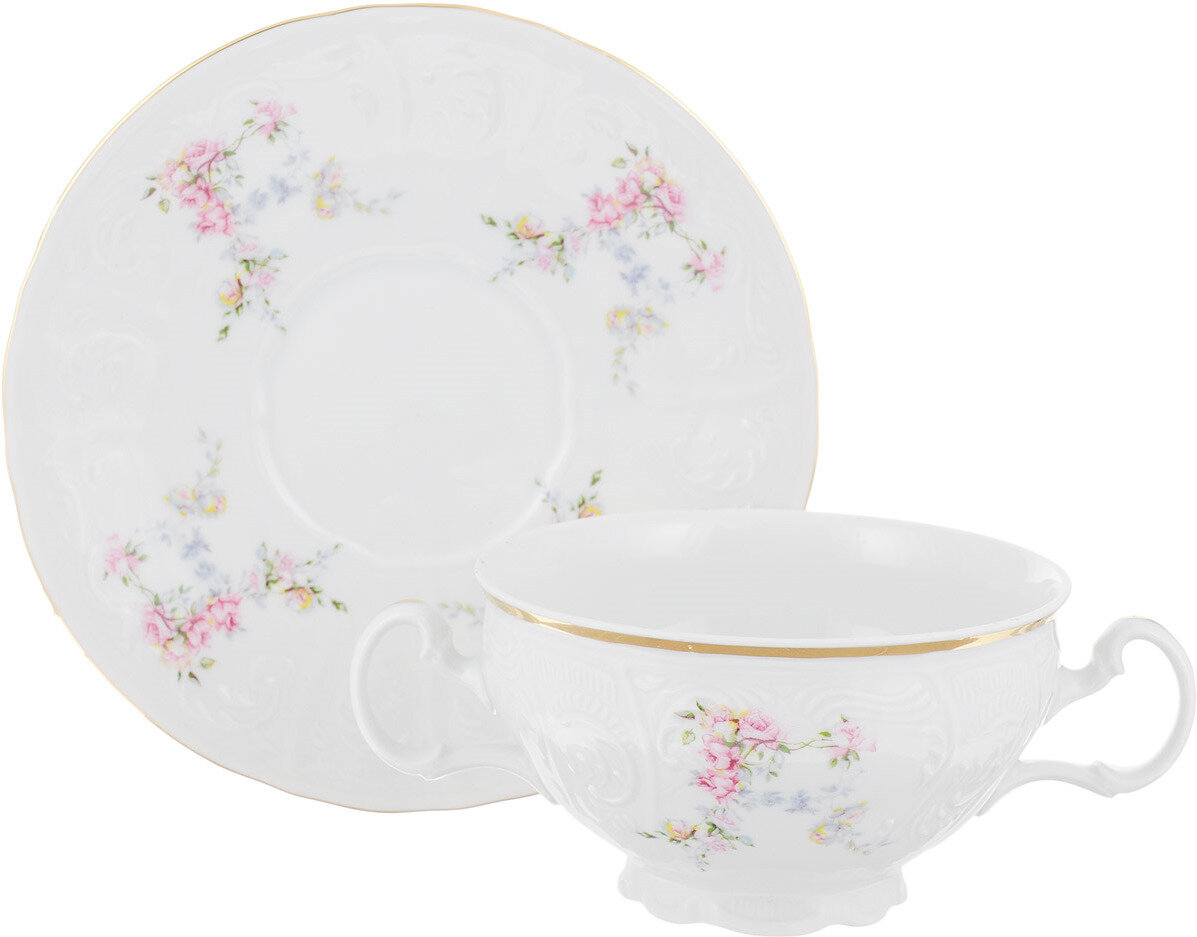 Чашка 360 мл с блюдцем 180 мм для бульона; "Bernadotte", декор "Дикая роза, отводка золото", Thun/ БТФ0705