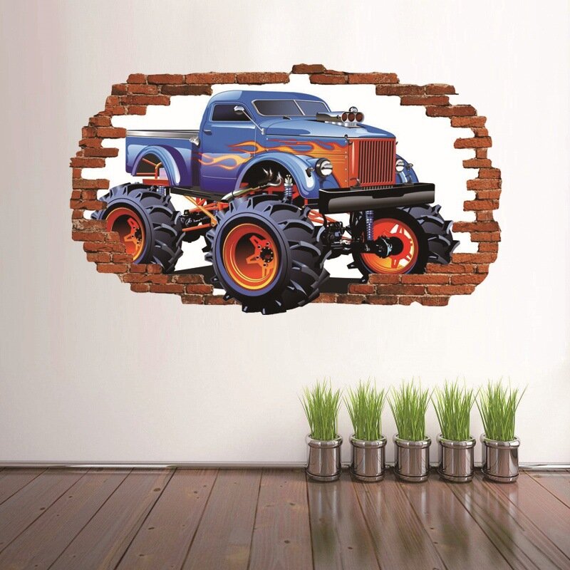 3D наклейки на стену с изображением монстр-трака, обои с эффектом разбитой стены и автомобиля, съемные самоклеящиеся настенные наклейки из ПВХ, декор для детской комнаты, детской комнаты, гостиной, фоновое украшение