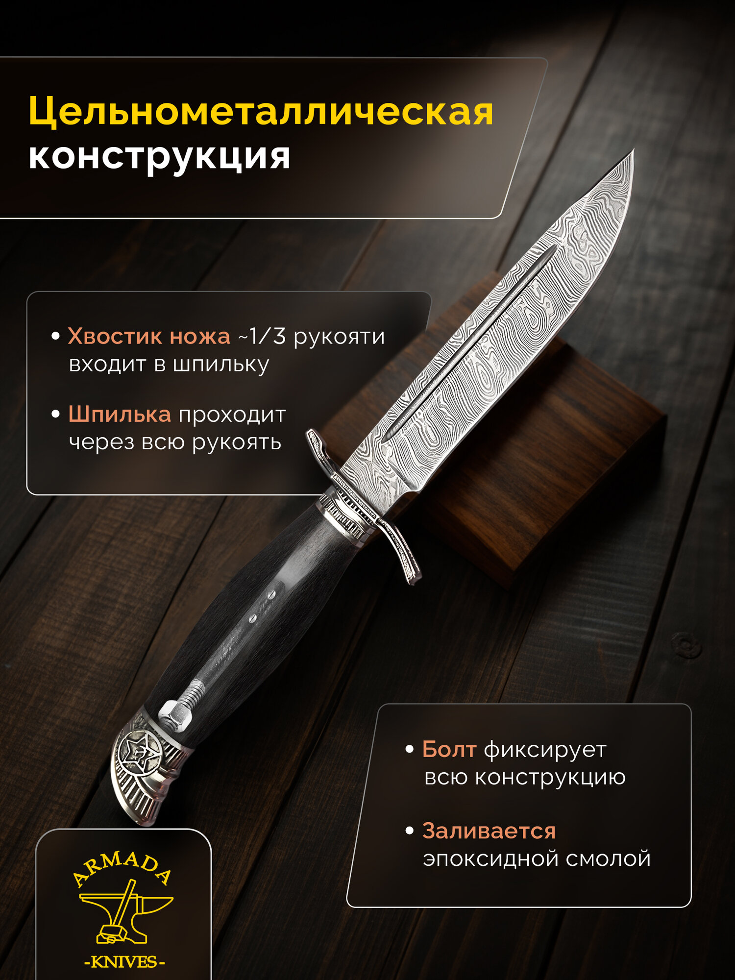 Финка НКВД ARMADA, дамасская сталь, рукоять из чёрного граба — фото 1