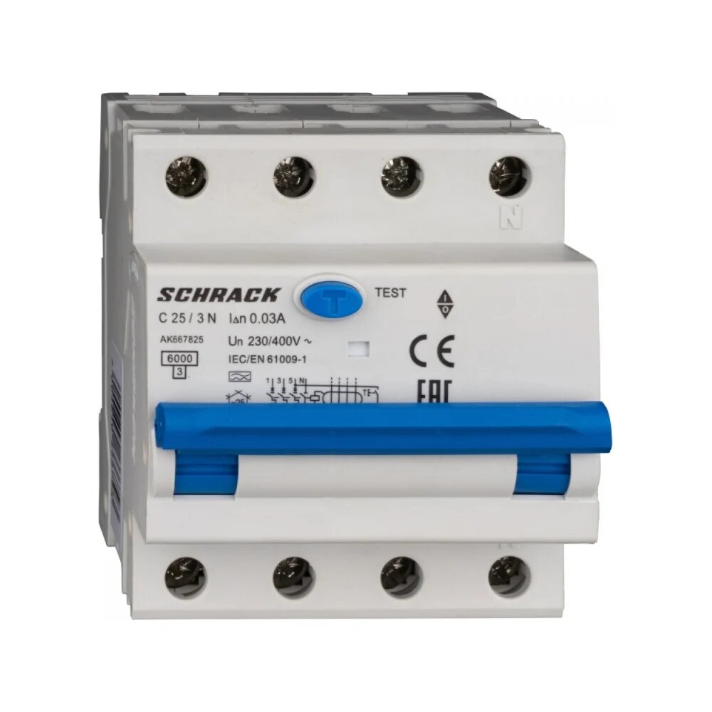 Schrack Technik Дифференциальный автоматический выключатель тип A 6P 3P+N A 25A/30mA 4М AK667825