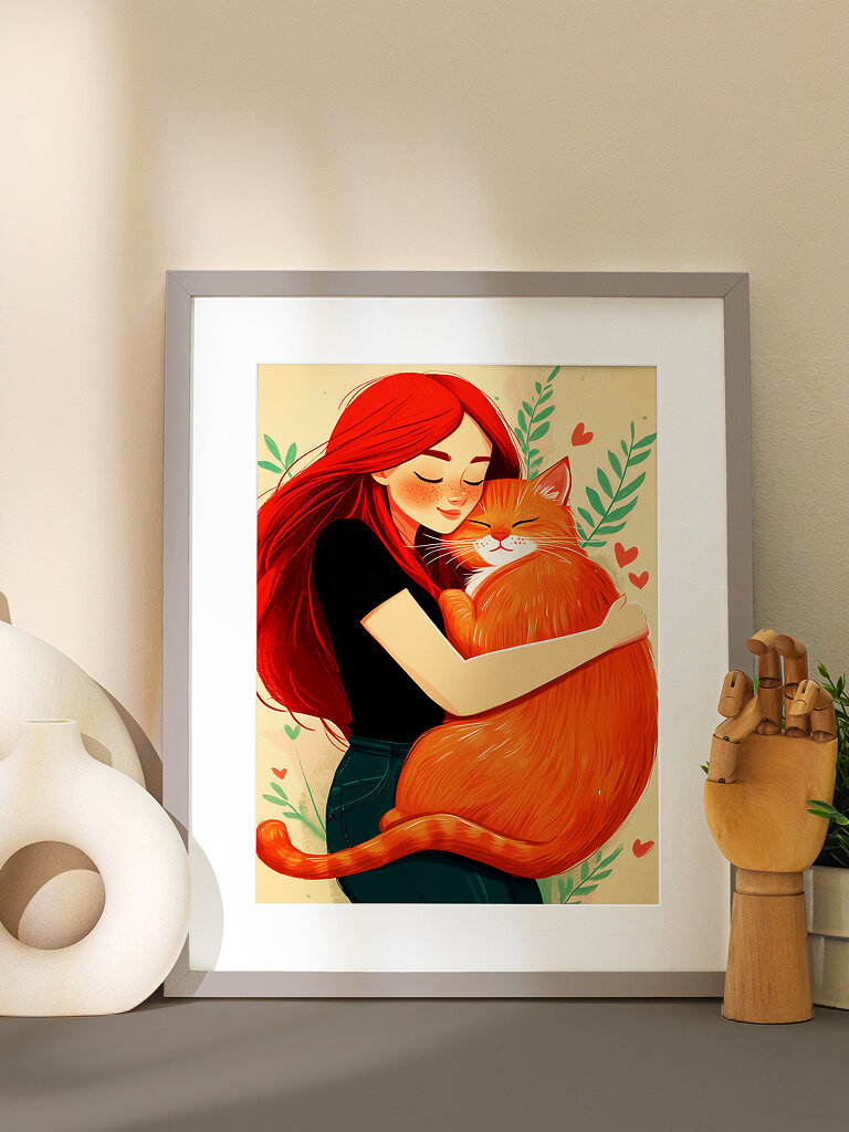 Постер для интерьера "Девушка и кот" А4, Подарок на 8 марта