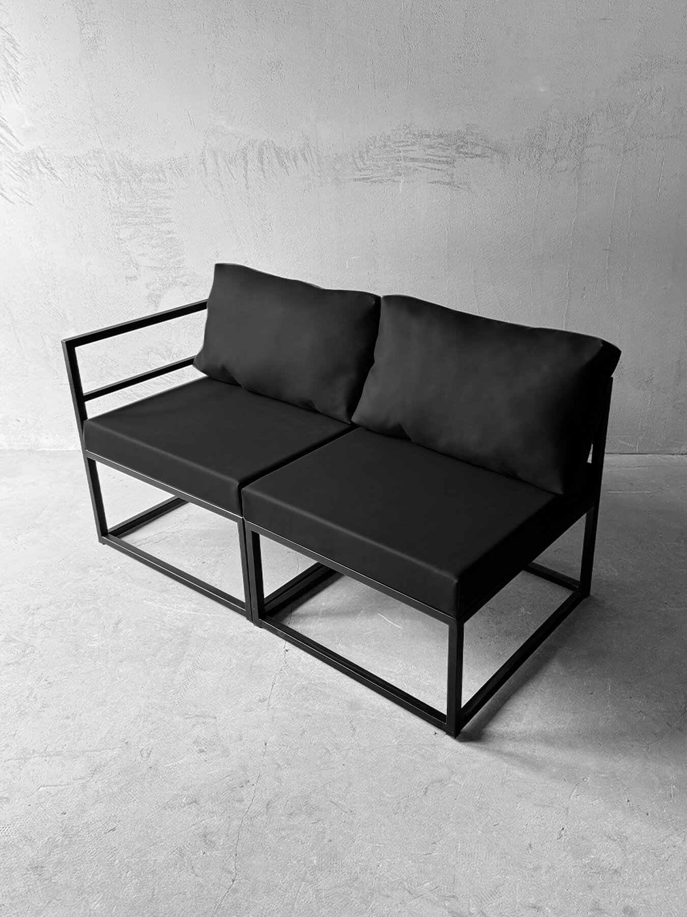 Диван составной мягкий удобный для отдыха, уличный, на балкон, веранду, лофт, минимализм, "Композит" кожзам черный 2 секции