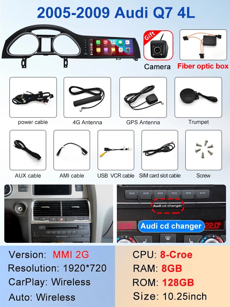 Android автомагнитола 10.25" для Audi Q7 2005-2009, 8G 128G MMI 2G