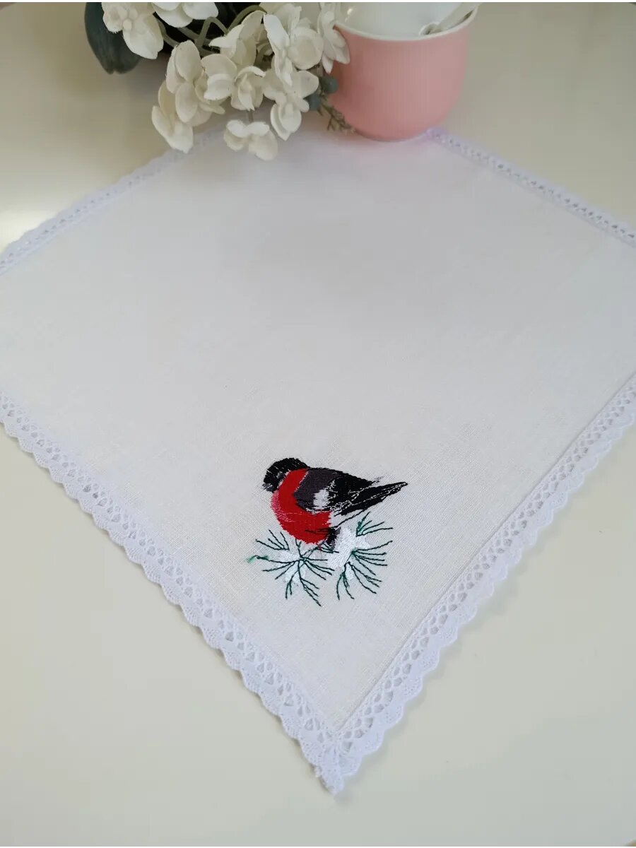 Салфетка "Снегирь", декор, кружевная, льняная, вышивка, 30 см x 30см