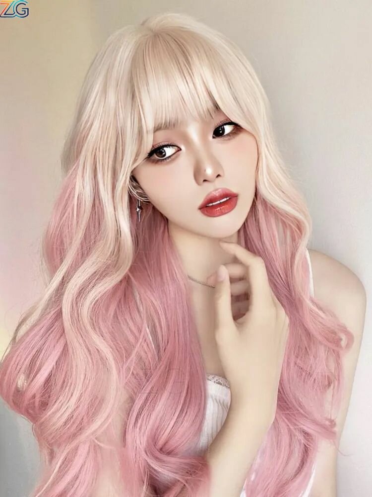 Женский длинный парик аниме-стиль нежно-розового цвета с чёлкой
