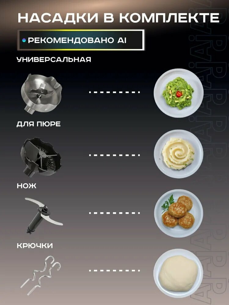 Погружной блендер из нержавеющей стали, венчик, двойные битеры, двойные крючки, диски для нарезки и терки, сетка для нарезки кубиками 8х8 мм и контейнер 2 л, измельчитель 500 мл, 1800 Вт, черный, хром