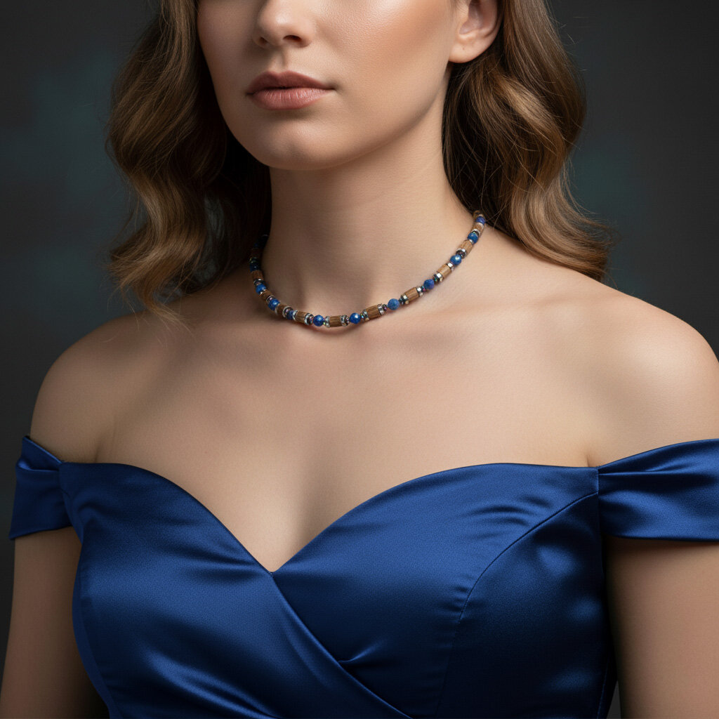 Чокер, дерево, кианит, гематит