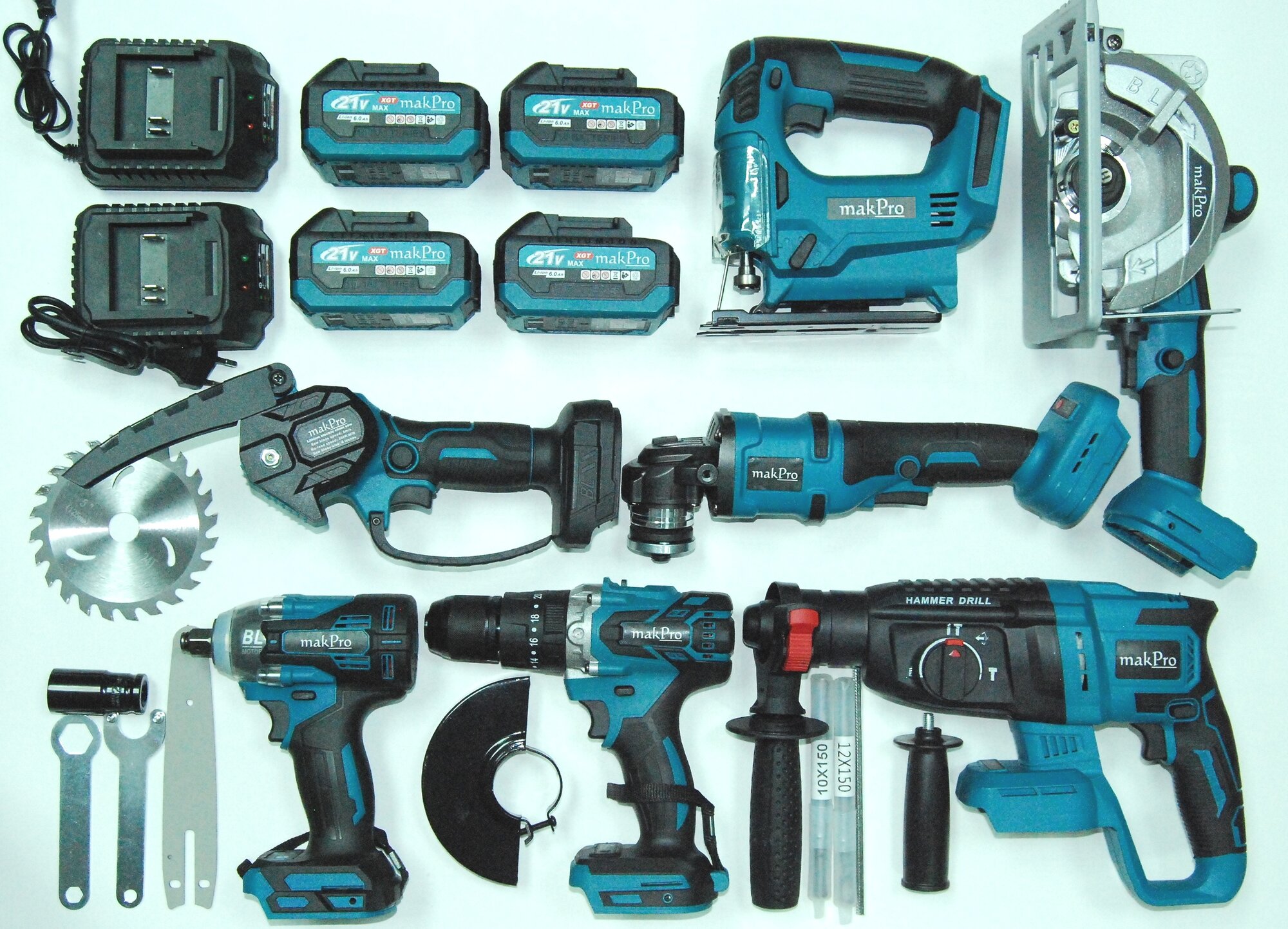 Набор аккумуляторного инструмента 7 в 1 makPro с 4-мя АКБ по 6 Ан, бесщеточный.