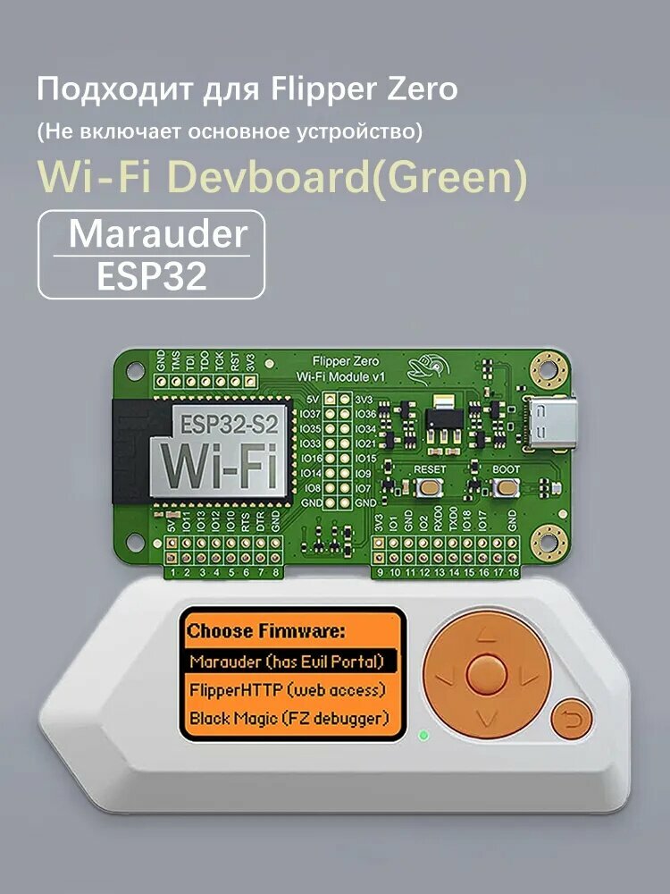 Flipper Zero Wi-Fi Devboard с предустановленной прошивкой Marauder, чипсет ESP32-S2 для беспроводного тестирования на проникновение, атак деаутентификации, подмены SSID и управления IoT-устройствами
