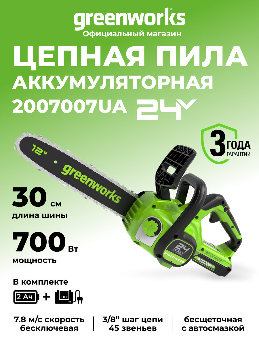 Цепная пила аккумуляторная Greenworks 24V, 30см, бесщеточная, АКБ 2 Ач и ЗУ