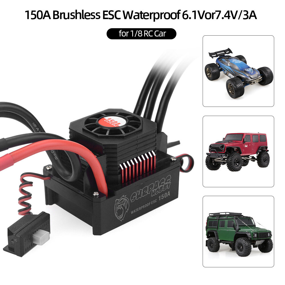 SURPASS HOBBY 150A Brushless ESC Waterproof Electric Speed Controller Black для 1/8 RC Truck Off-road Car, Continuous Current 150A, Burst Current 720A, Battery 9-18 cell Ni-MH/3-6S Li-po, Motor Sensorless Brushless, BEC Output 6.1V или 7.4V/3A,