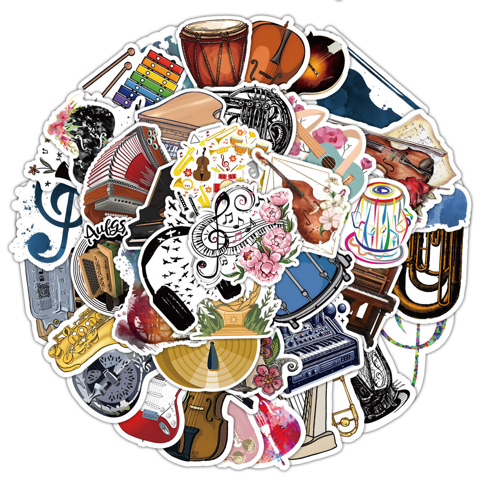 50 наклеек с музыкальными инструментами, креативные виниловые наклейки, наклейки с мультяшной музыкой для самостоятельного декора, ноутбука, скейтборда, автомобиля, багажа | Водонепроницаемые и съёмные