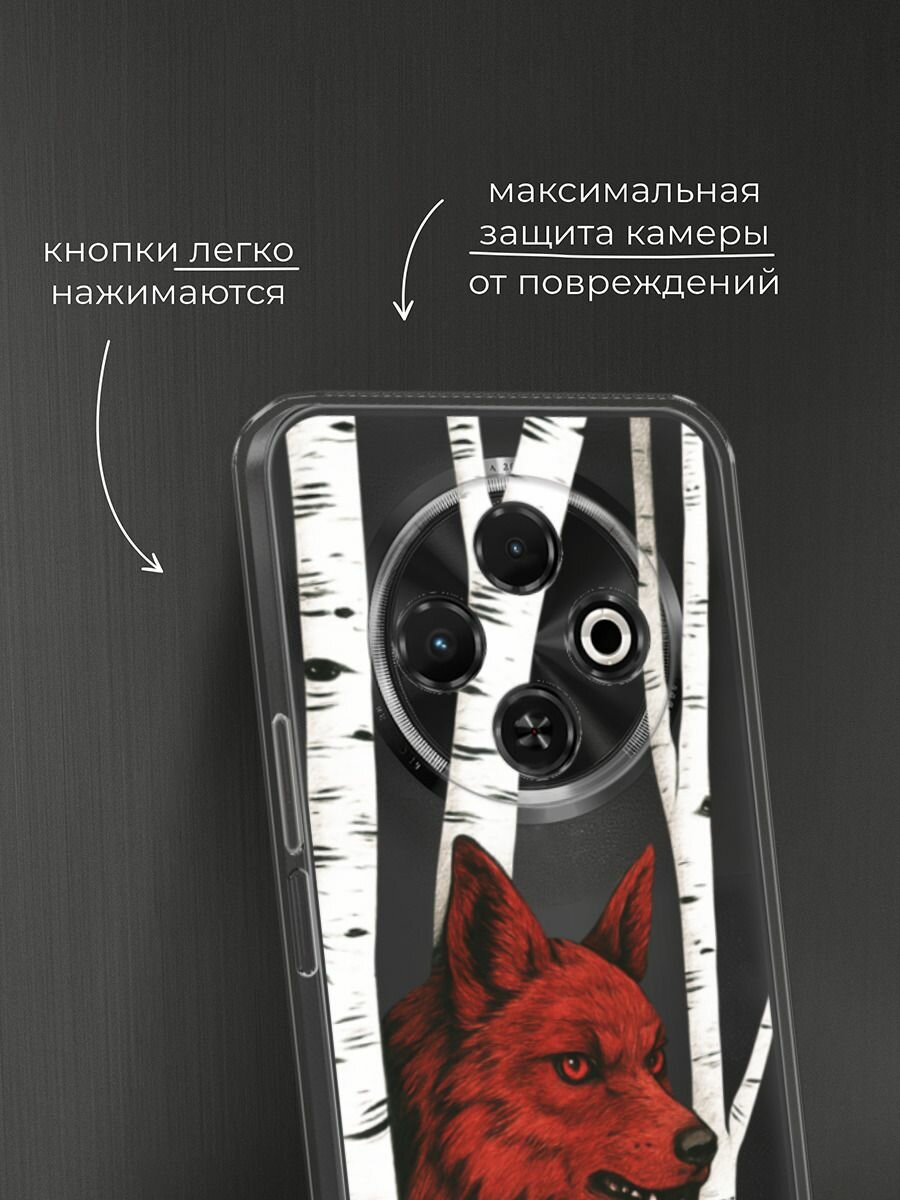 Чехол на Tecno Spark 30C / Текно Спарк 30C с принтом Красный волк, прозрачный — фото 1
