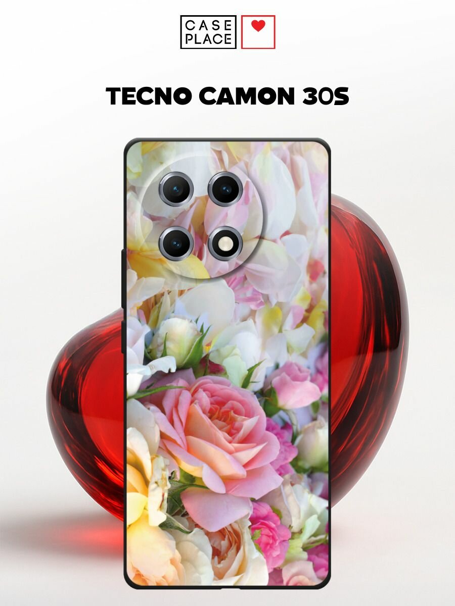Черный матовый чехол на Tecno Camon 30S / Текно Камон 30S с принтом Утренние розы