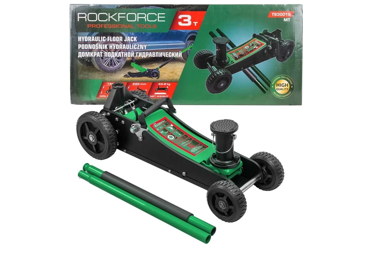 Домкрат подкатной RockForce 3 тонны, гидравлический, h 155 - 695 мм, зеленый