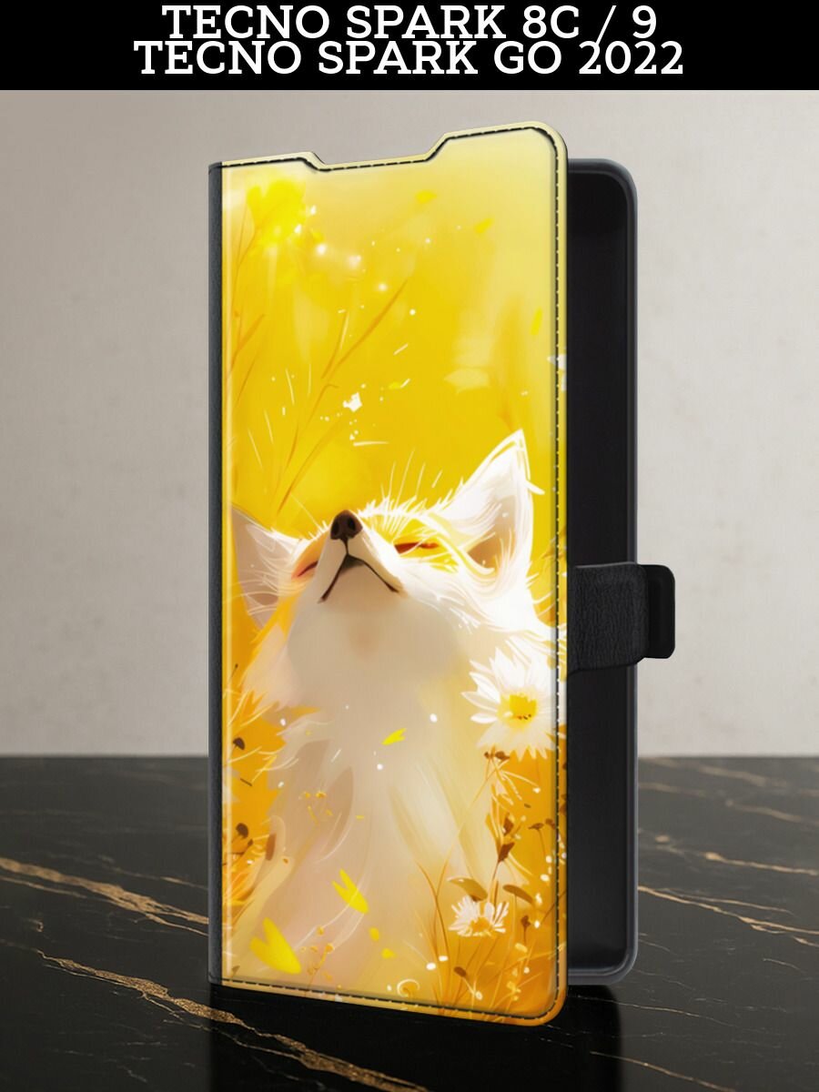 Чехол-книжка на Tecno Spark Go 2022 / 8С / 9 (Техно Спарк Гоу 2022 / Техно Спарк 8С / Техно Спарк 9) с картой и принтом "Лиса в поле"
