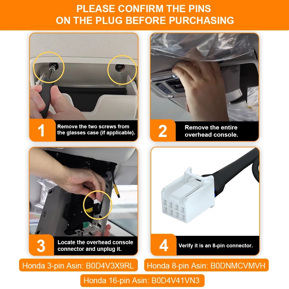 Адаптер видеорегистратора FitDVR (8-контактный) для Honda с верхней консолью, светодиодным дисплеем, источник питания USB, аксессуары для автомобильного видеорегистратора, D3-030