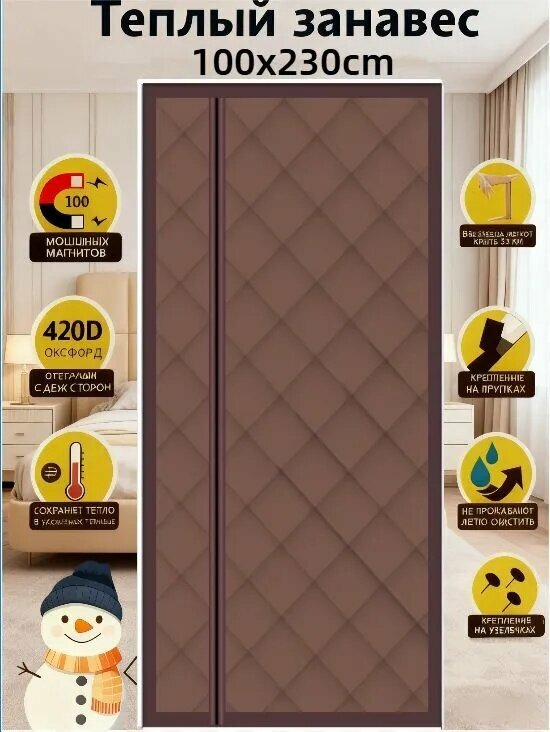 Зимняя утолщенная теплая и ветрозащитная магнитная перегородка из хлопчатобумажной занавески100x210 см коричневый