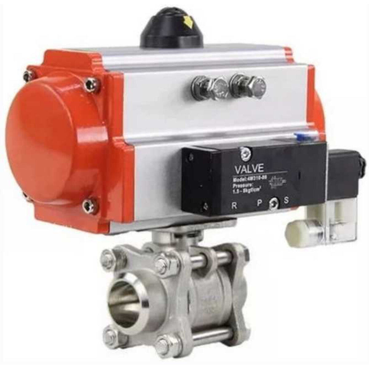 Кран шаровой DN.ru 316-316-PTFE-FP-W-ISO-H WDVF Ду20 Ру63 полнопроходной, трехсоставной, корпус - нержавеющая сталь 316, уплотнение - PTFE, под приварку, с пневмоприводом DA-052, пневмораспределителем PND2-S1EM-52-1NC-J08-24VDC