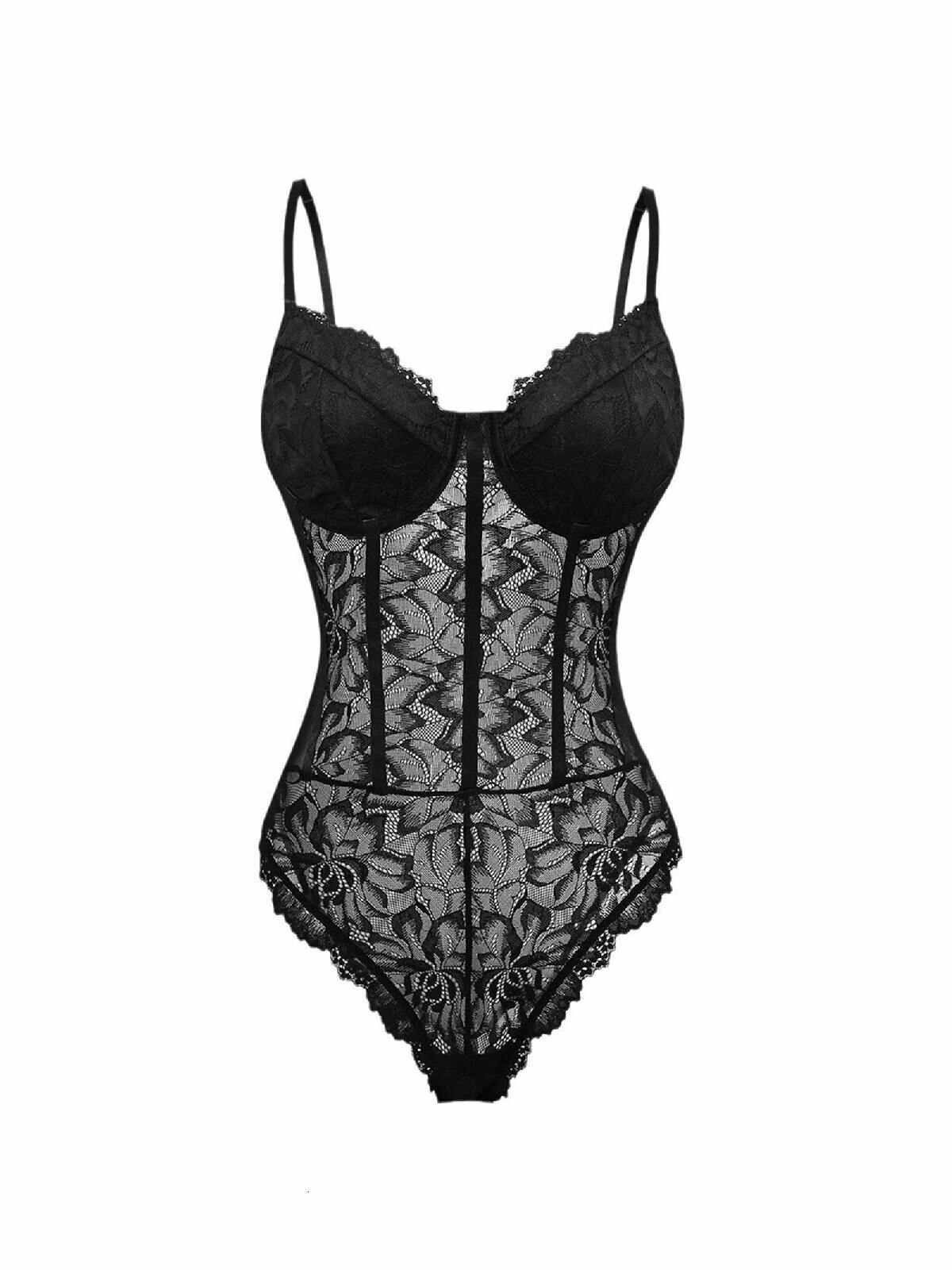 Черное кружевное боди из сетки, Черный - M