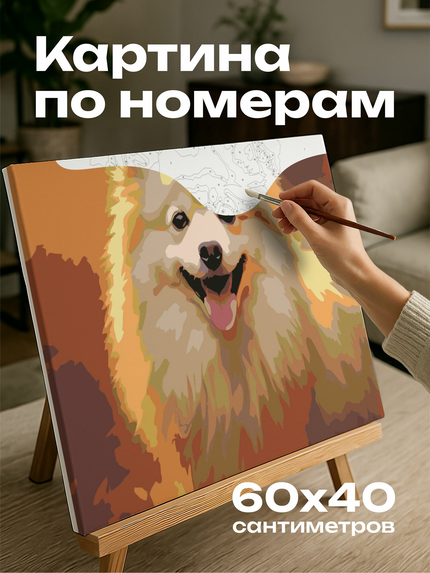 Картина по номерам 60x40 см, картина маслом, пес шпиц, выразительные глаза, любовь, преданность, связь, цвета, мазки