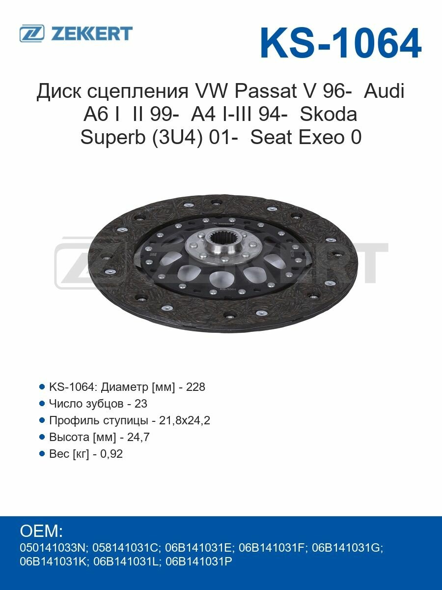 Zekkert Диск сцепления VW Passat V 96-, Audi A6 I, II 99-, A4 I-III 94-, Skoda Superb (3U4) 01-, Seat Exeo 08-
