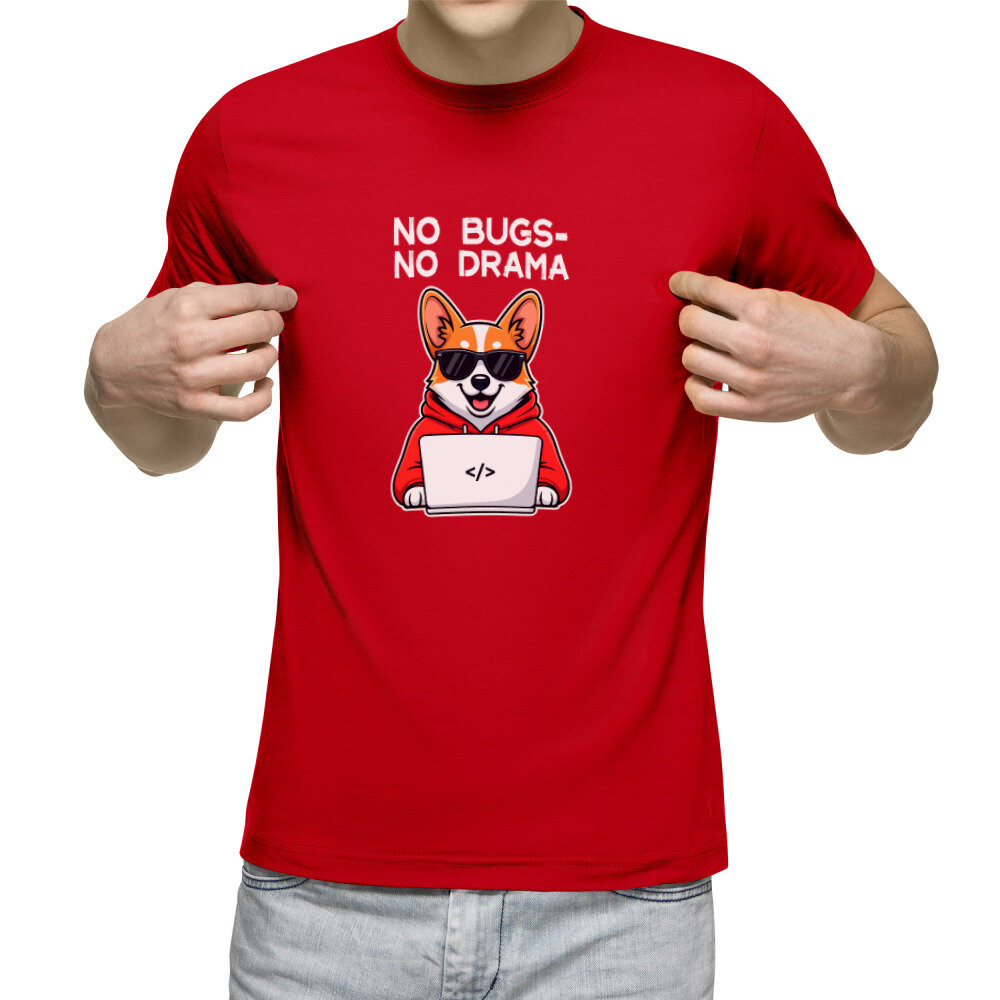 Мужская футболка «Корги программист: no bugs - no drama!(надпись)» (красный, XL)