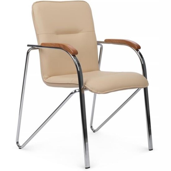 Кресло офисное Riva Chair Самба с деревянными подлокотниками SMB-02H Хром гальв. Бежевый