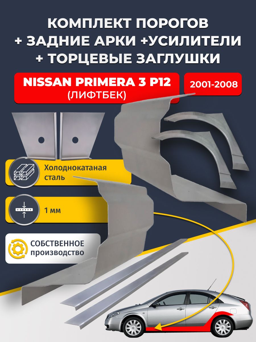 Комплект ремонтных задних арок (0,8 мм) и стандартных порогов + торцевые заглушки + усилители, на Nissan Primera P12 2001-2008 лифтбек (Примера P12). Холоднокатаная сталь 1 мм