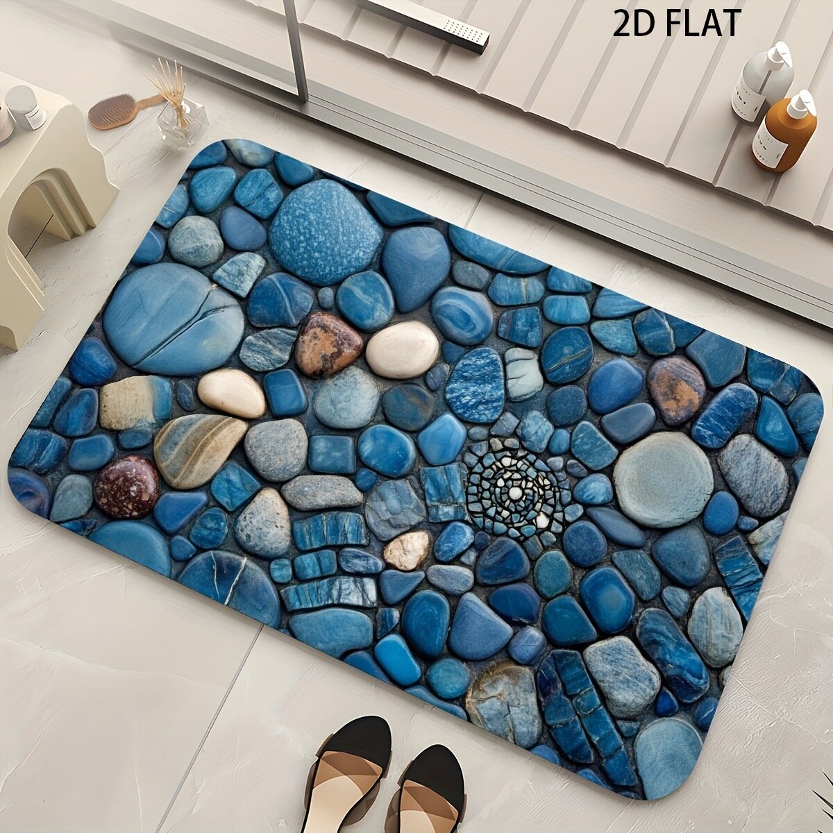 Коврик из диатомита 3D, противоскользящий коврик для входа в ванную, впитывающий коврик, Узор гальки Глубокий синий