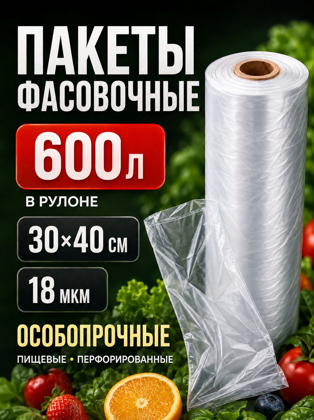 Пакеты фасовочные в рулоне/размер 30х40 см/ Пищевые пакеты, 18мкм, прозрачный