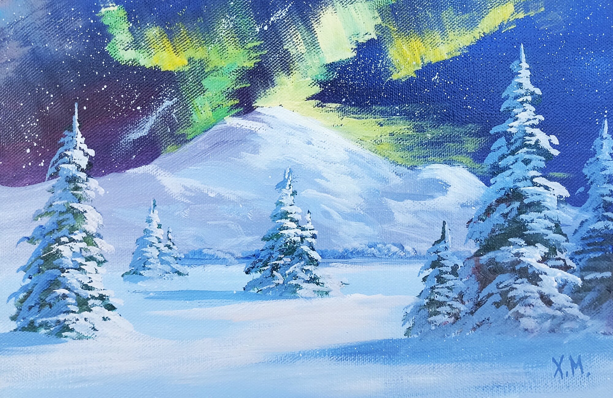 Картина масло/холст. 100% ручная работа, 100% живопись от Художественной мастерской Грëзы. Картина из серии "Сказочные пейзажи". Зимний пейзаж на фоне космического неба. Горы. Размер картины 20х30 см.