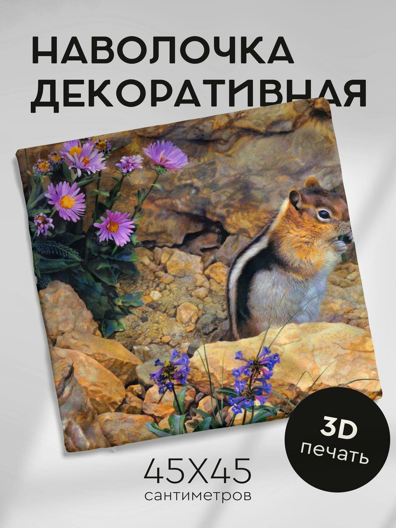 Наволочка декоративная, 45х45см / бурундук / камни / цветы