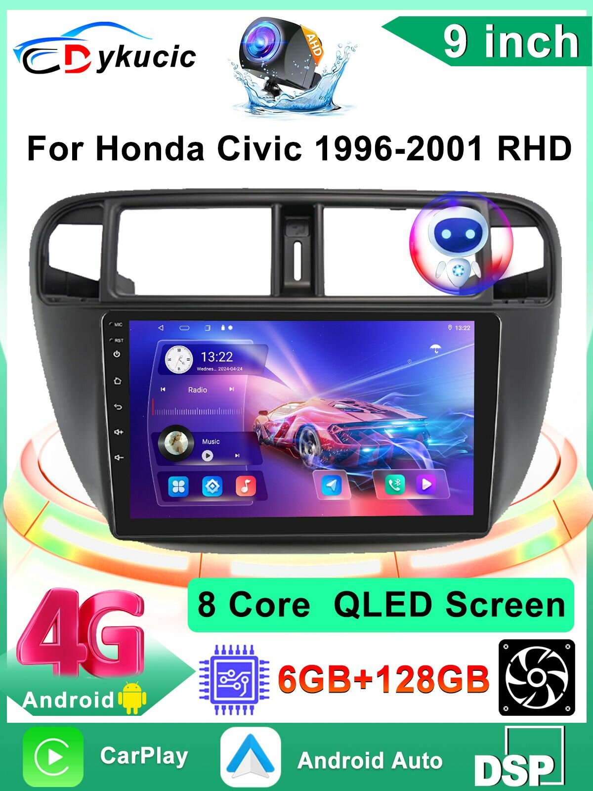 Магнитола для Honda Civic 1996-2001 RHD,8 ядерный процессор, Carplay, автозвук DSP, Wifi, 4G
