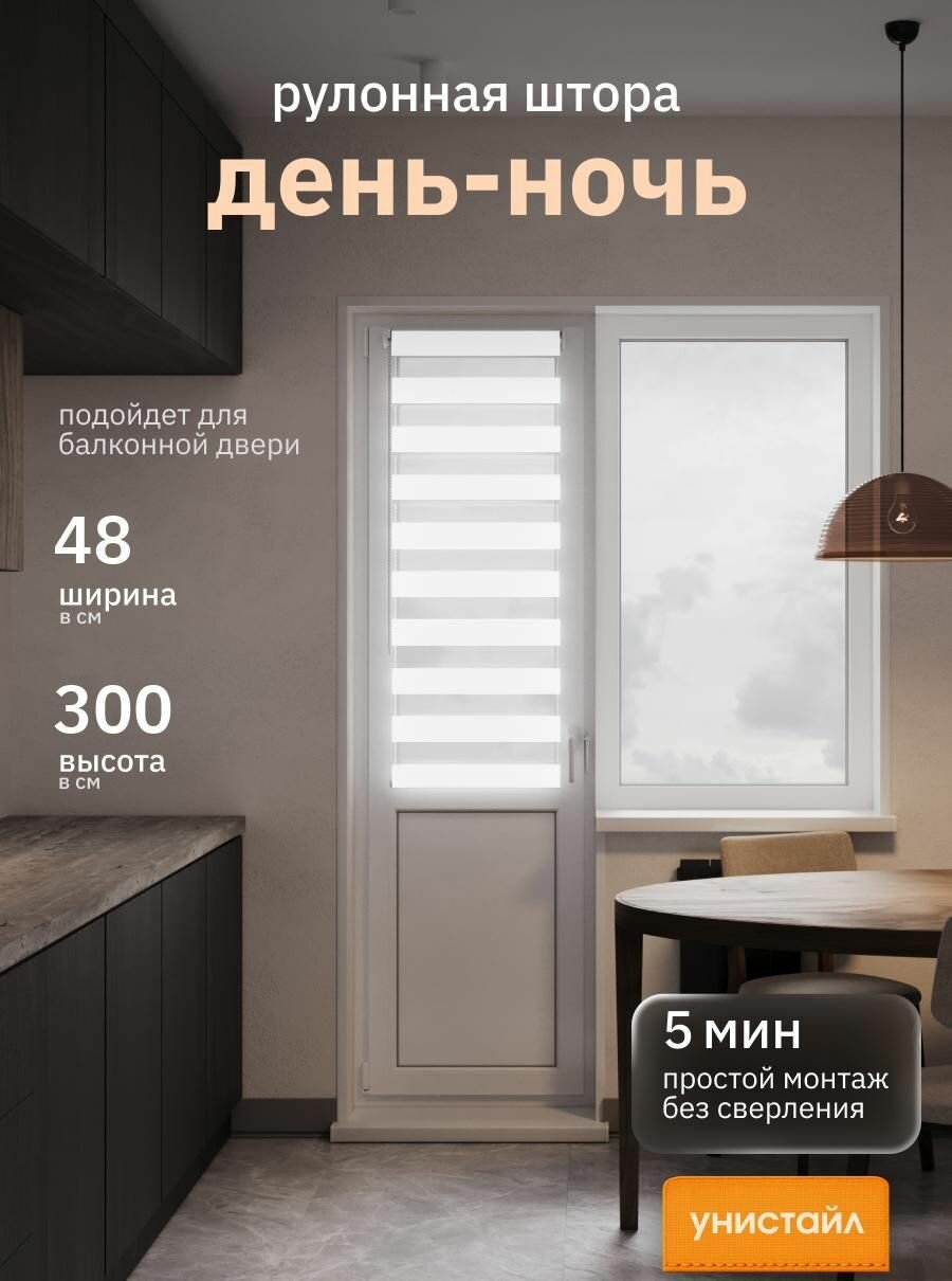 Рулонные шторы 48х300 см день/ночь (зебра), Белый, комплектация Mini
