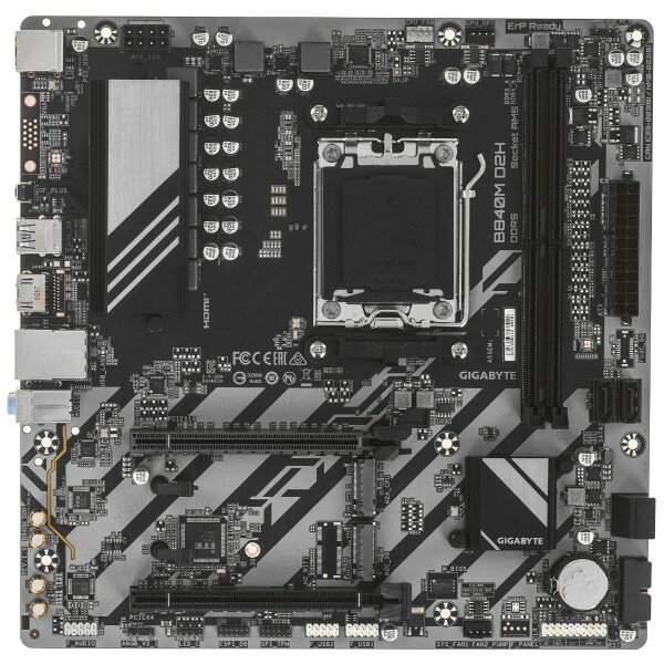 Материнская плата Gigabyte Soc-AM5 B840M D2H, 2xDDR5-5200, HDMI, 2xPCI-Ex16, 4xSATA3(RAID 0/1/10), 2xM.2, 8 Ch Audio, 1x2,5GLan, (4+4)xUSB2.0, (2+2)xU
